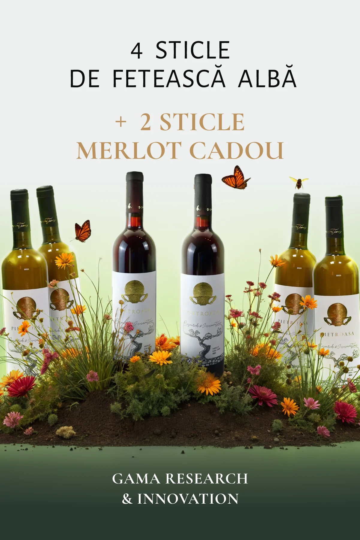 Pachet 4 x Fetească Albă + Cadou: 2 x Merlot Research and Innovation - PietroasaVeche.ro